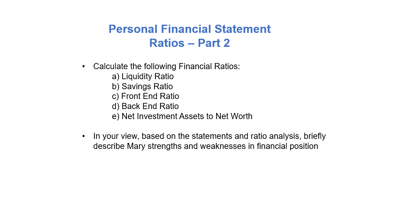 Personal Financial Statement Ratios – Part 2 | Chegg.com