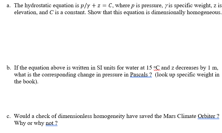 Solved a. The hydrostatic equation is p/y +z = C, where p is | Chegg.com