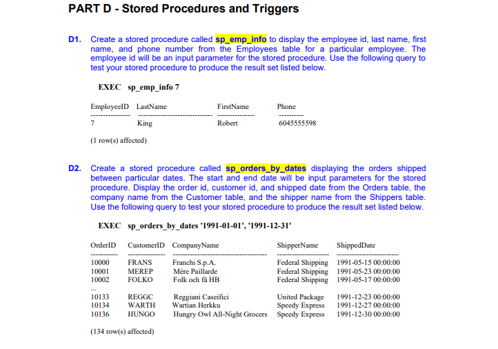 Solved Part D Stored Procedures And Triggers D1 Create A