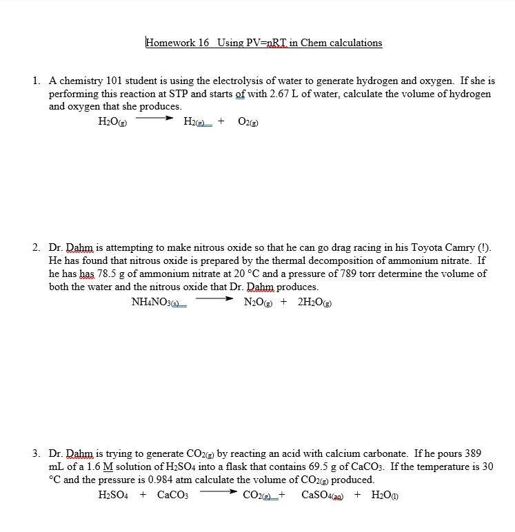 Solved Homework 16 Using PV-nRT in Chem calculations 1. A | Chegg.com