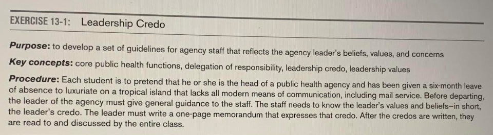 EXERCISE 13-1: Leadership Credo Purpose: to develop a | Chegg.com