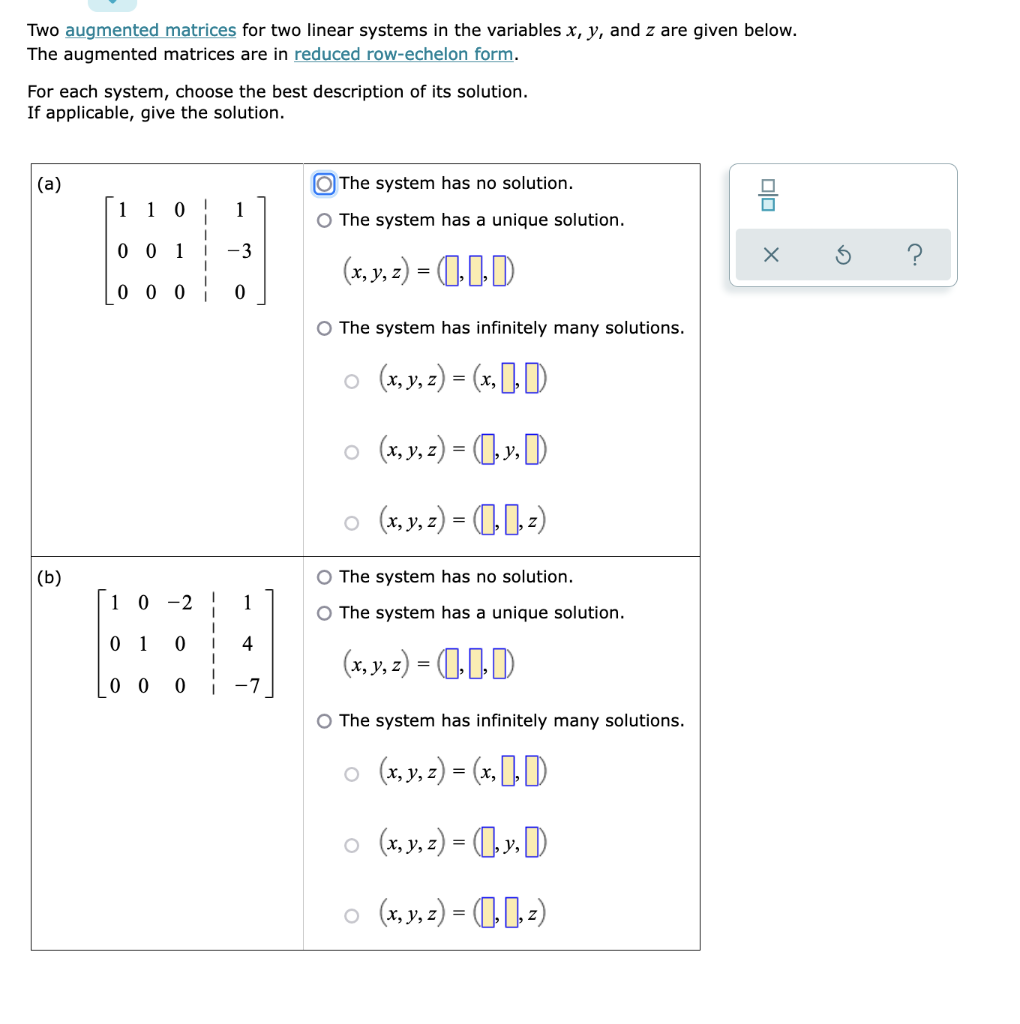Solved Two augmented matrices for two linear systems in the | Chegg.com