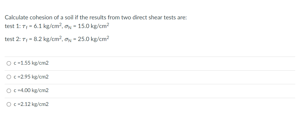 Solved Calculate cohesion of a soil if the results from two | Chegg.com