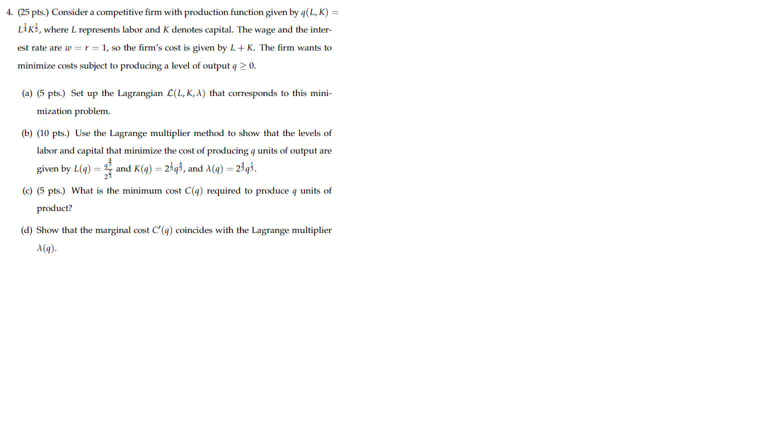 Solved 4. (25 pts.) Consider a competitive firm with | Chegg.com