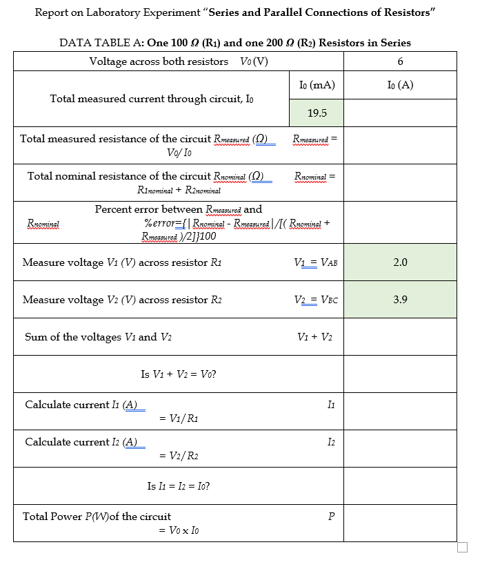 Solved Report on Laboratory Experiment "Series and Parallel | Chegg.com