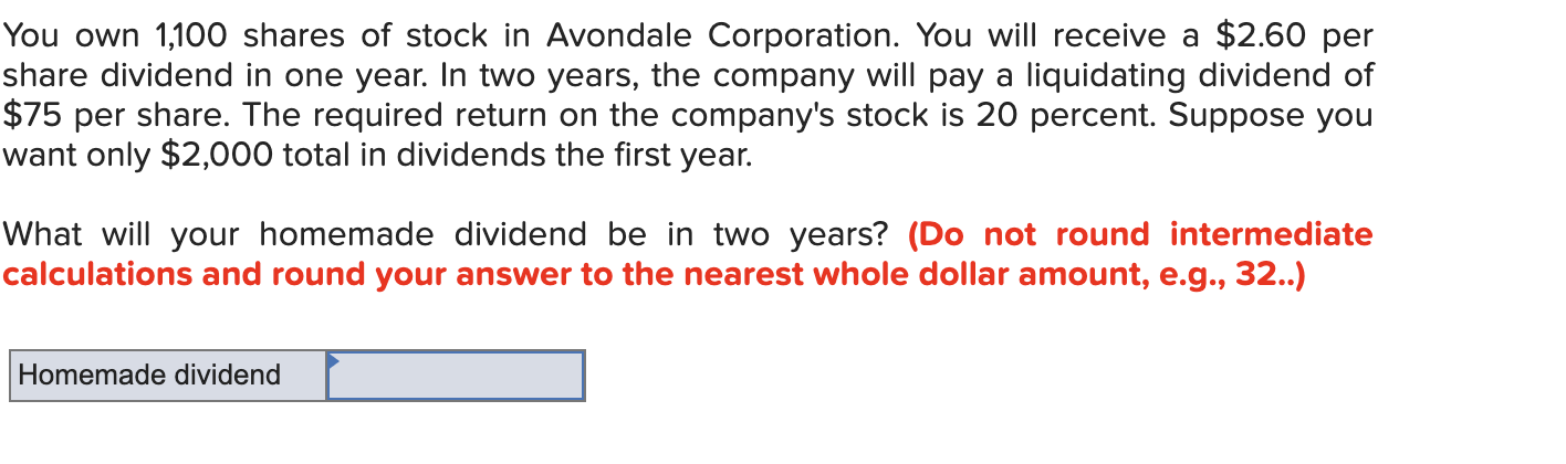 Solved You own 1,100 shares of stock in Avondale | Chegg.com