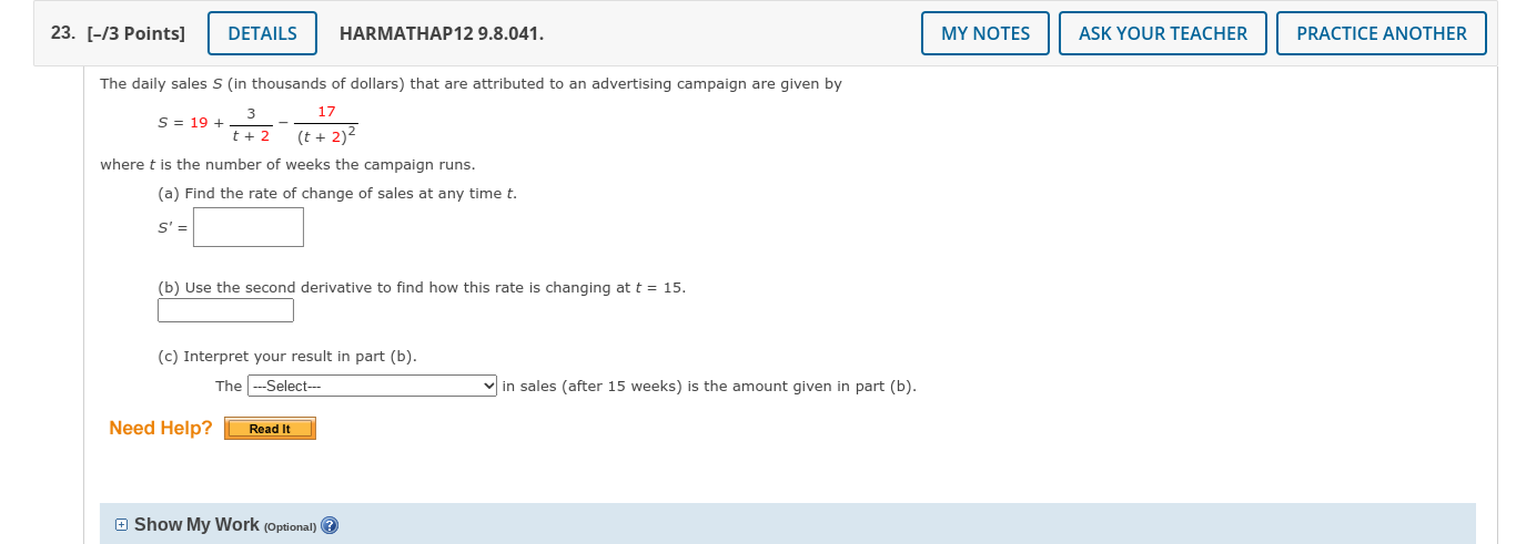 Solved s=19+t+23−(t+2)217 where t is the number of weeks the | Chegg.com