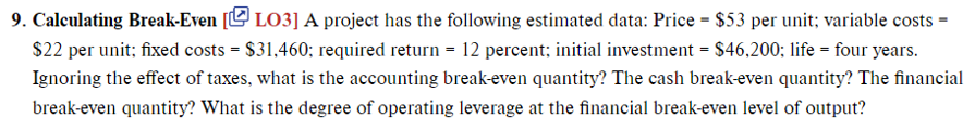 Solved 9. Calculating Break-Even [주 LO3] A project has the | Chegg.com