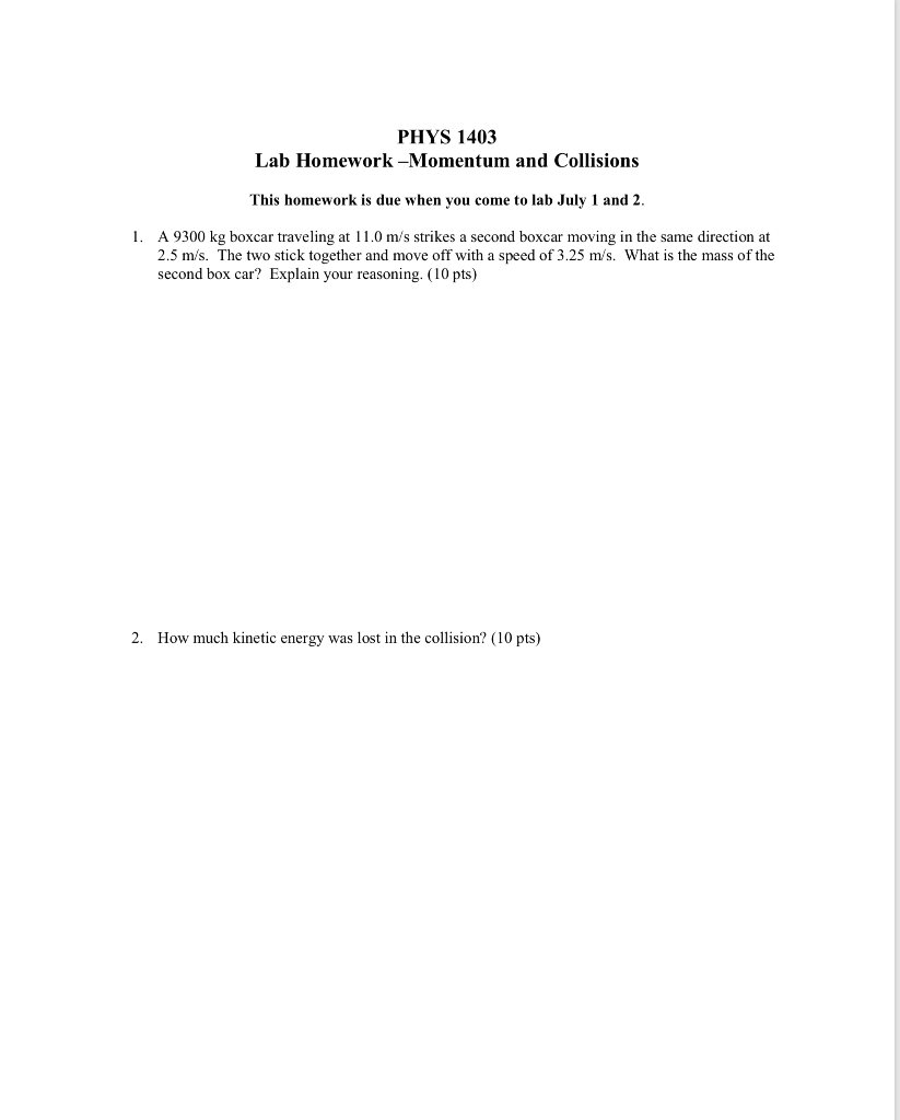 Solved PHYS 1403 Lab Homework -Momentum and Collisions This | Chegg.com