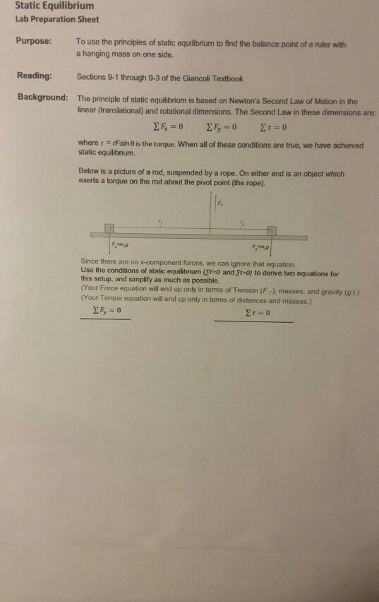 Solved Static Equilibrium Lab Preparation Sheet To use the | Chegg.com