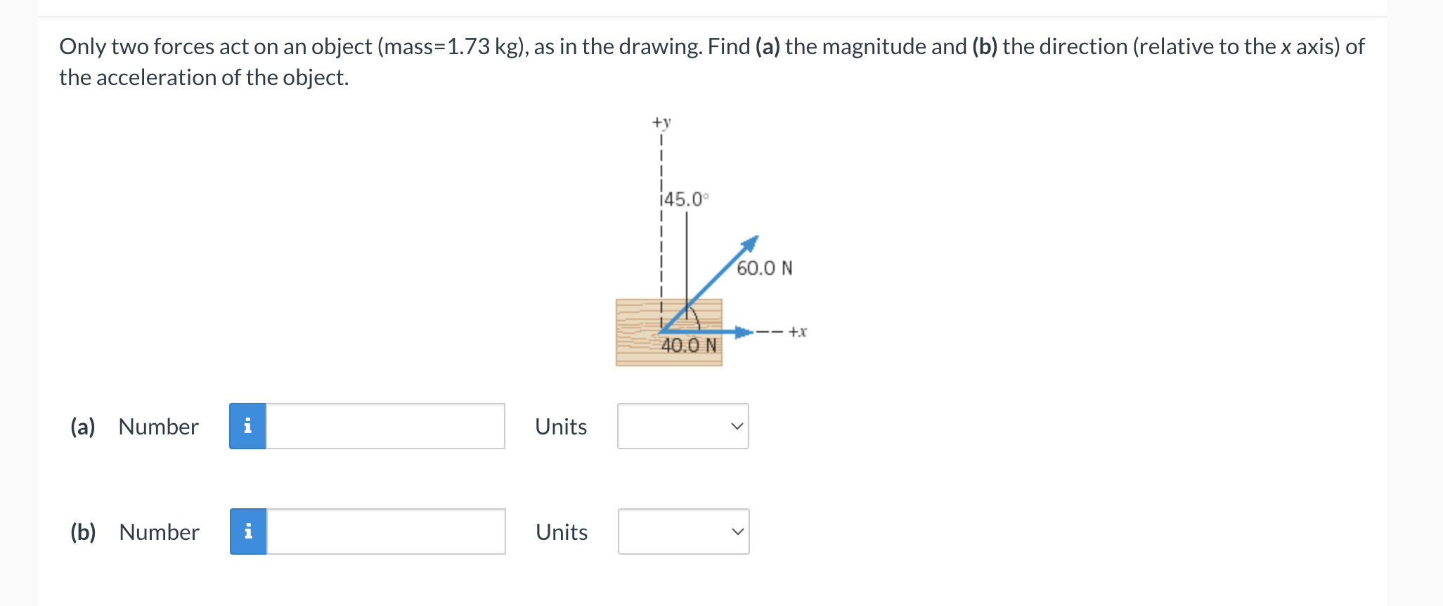 Solved Only two forces act on an object (mass=1.73 kg), as | Chegg.com