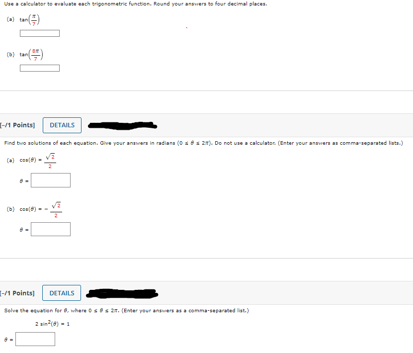 Solved Evaluate the six trigonometric functions of the angle | Chegg.com