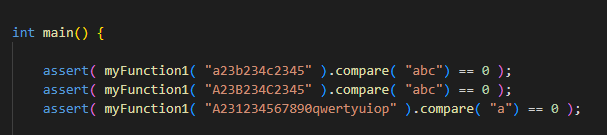 Solved int main() \{ assert( myFunction1( "a23b234c2345"). | Chegg.com