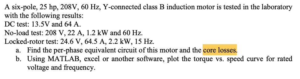 Solved A six-pole, 25 hp, 208V, 60 Hz, Y-connected class B | Chegg.com