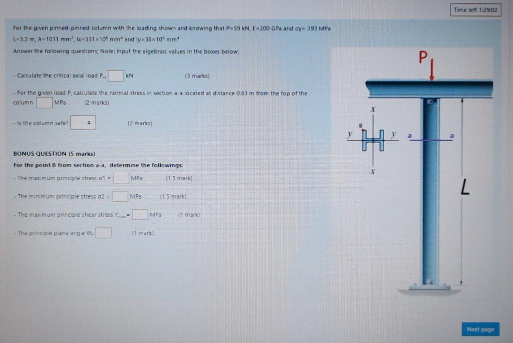 Solved Time left 1 29.02 For the given pinned-pinned column | Chegg.com