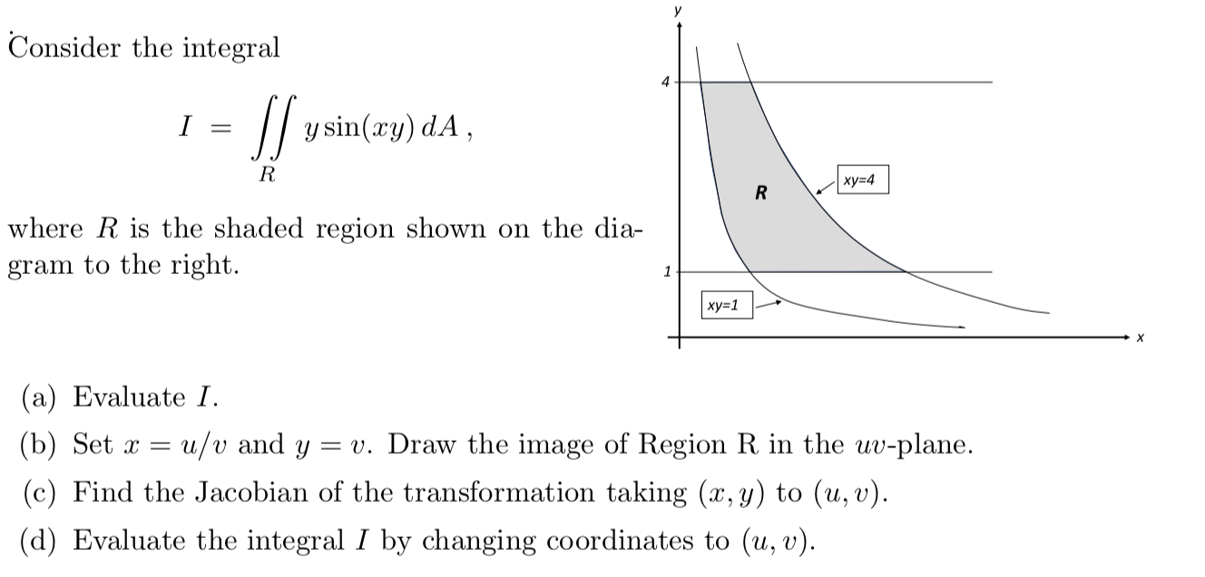 Solved Consider the integral I = || ysin(xy) dA , xy=4 where | Chegg.com