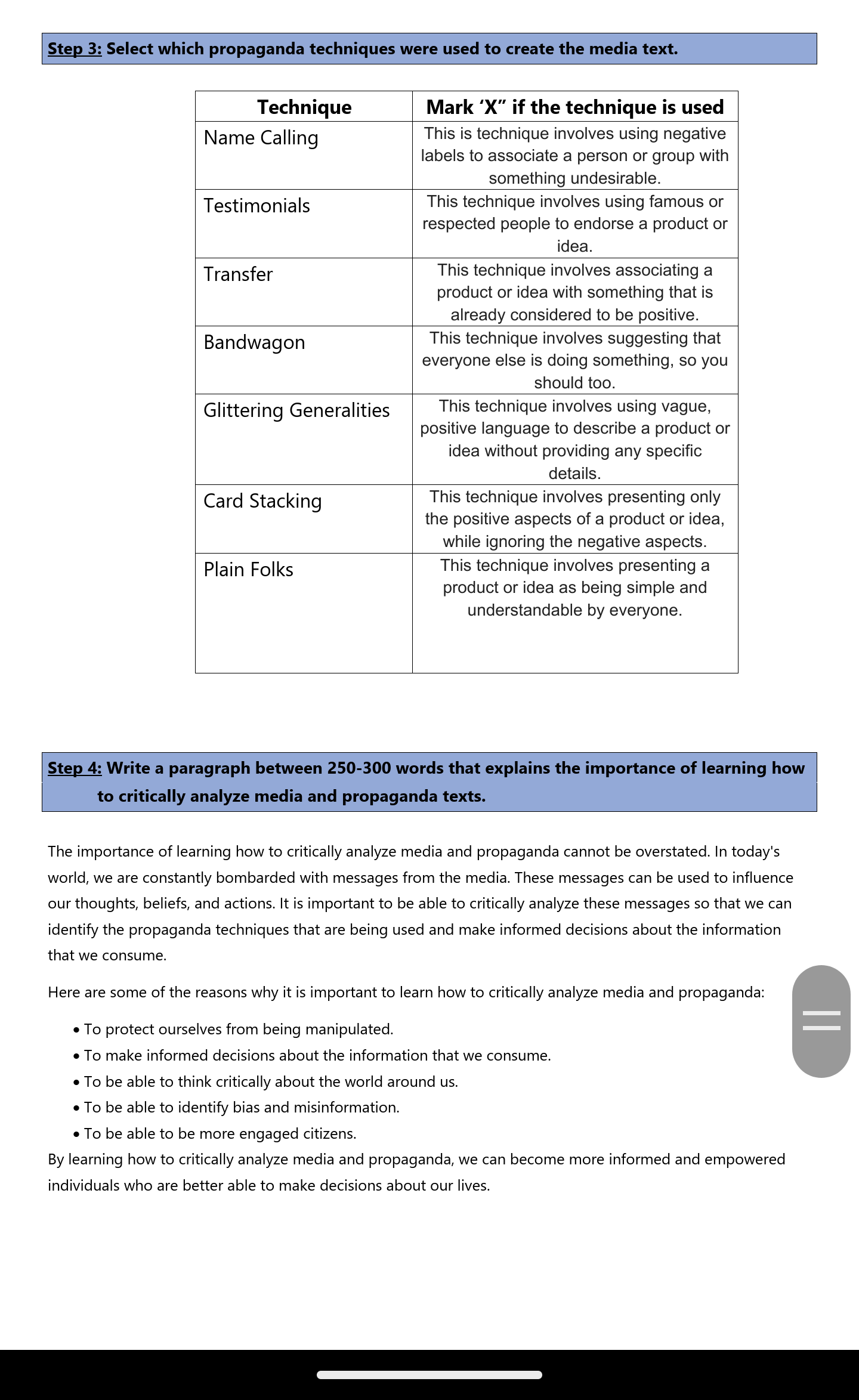 Solved Step 3: Select which propaganda techniques were used | Chegg.com