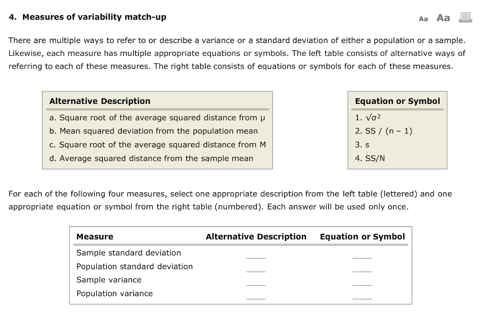Solved 4. Measures of variability match-up Aa Aa There are | Chegg.com