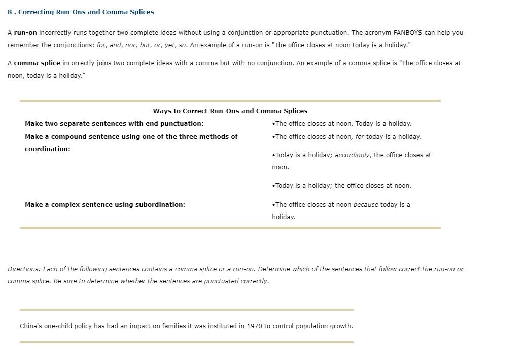 8. Correcting Run-Ons and Comma Splices A run-on | Chegg.com