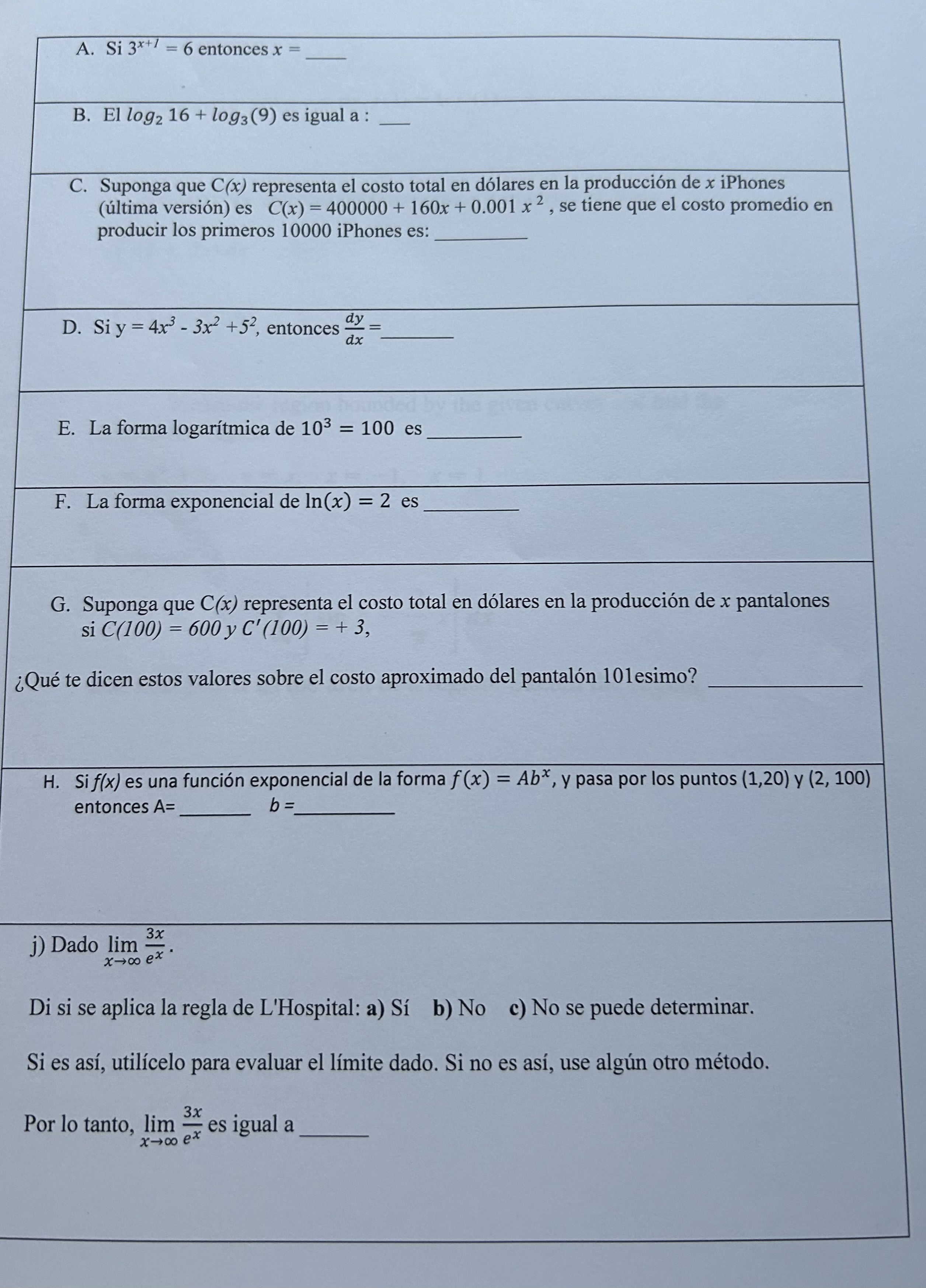 Solved A. Si3x+1=6 entonces x= B. El log216+log3(9) es igual | Chegg.com