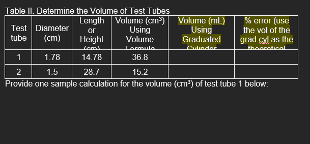 Table II. Determine the Volume of Test Tubes | Chegg.com