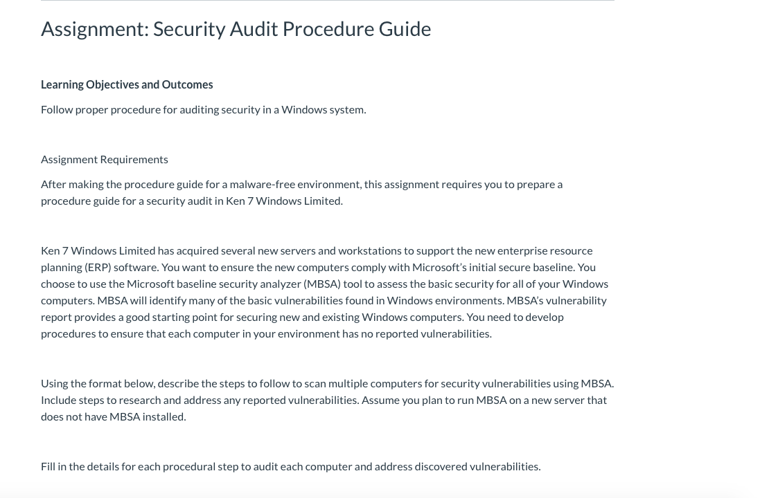 Assignment: Security Audit Procedure Guide Learning | Chegg.com