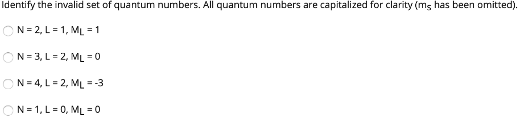 Solved Identify the invalid set of quantum numbers. All | Chegg.com