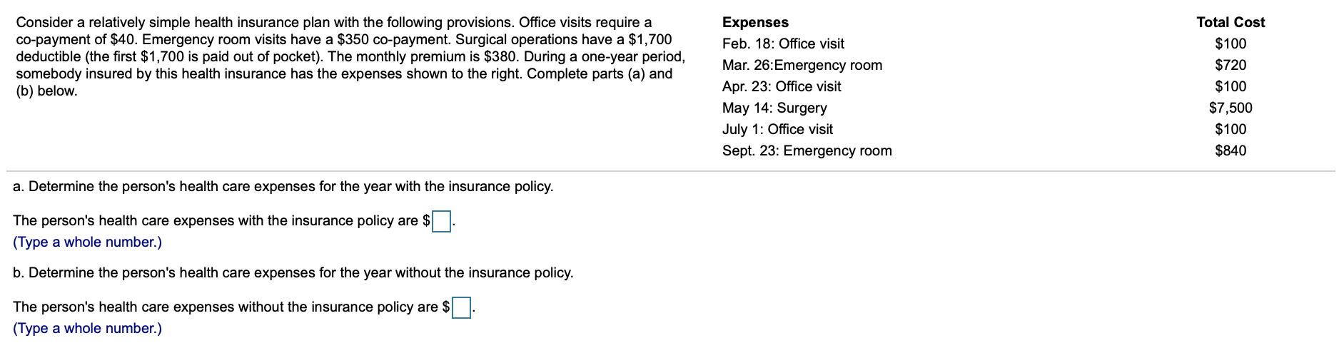 Solved Consider a relatively simple health insurance plan | Chegg.com