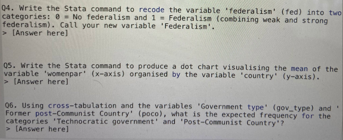 Q4. Write the Stata command to recode the variable | Chegg.com