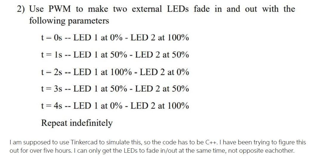 Solved 2) Use PWM to make two external LEDs fade in and out | Chegg.com