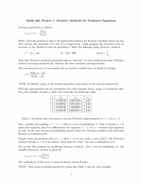 Solved Math 340, Project 1: Iterative Methods for Nonlinear | Chegg.com