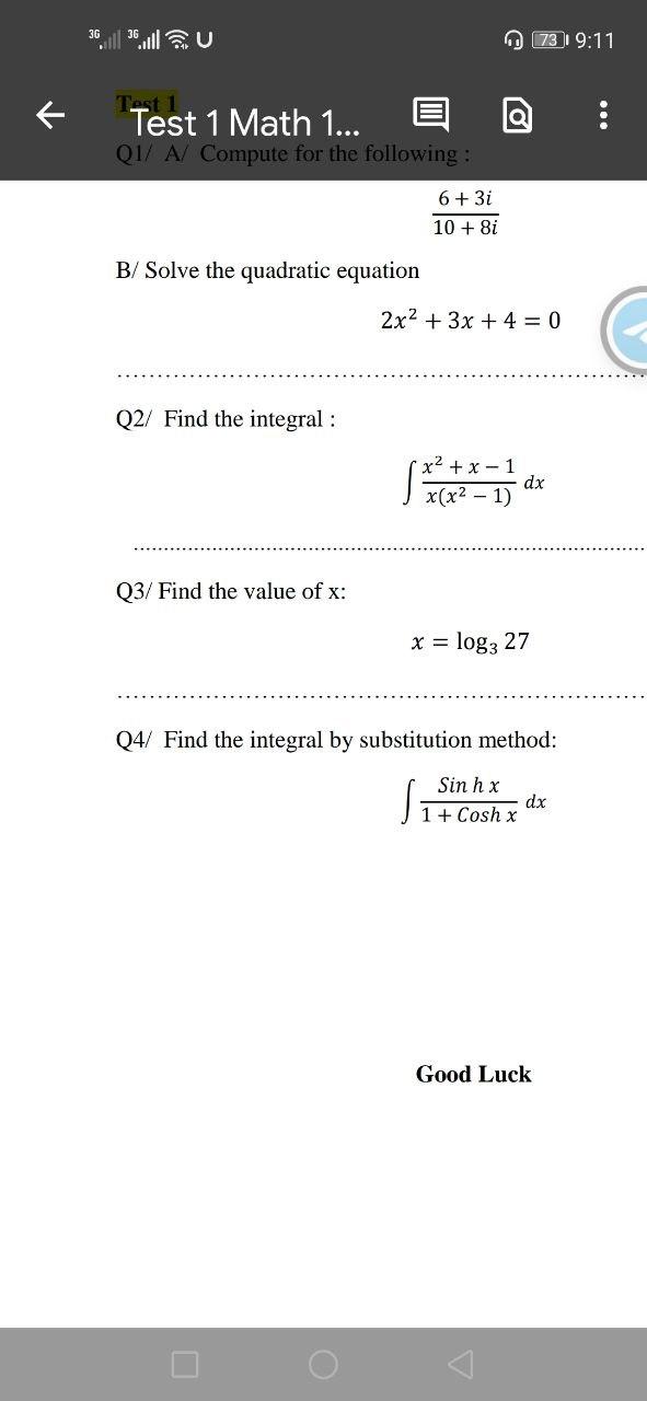 Solved 3G 73 9:11 Test 1 Math 1... Q1/ A Compute for the | Chegg.com