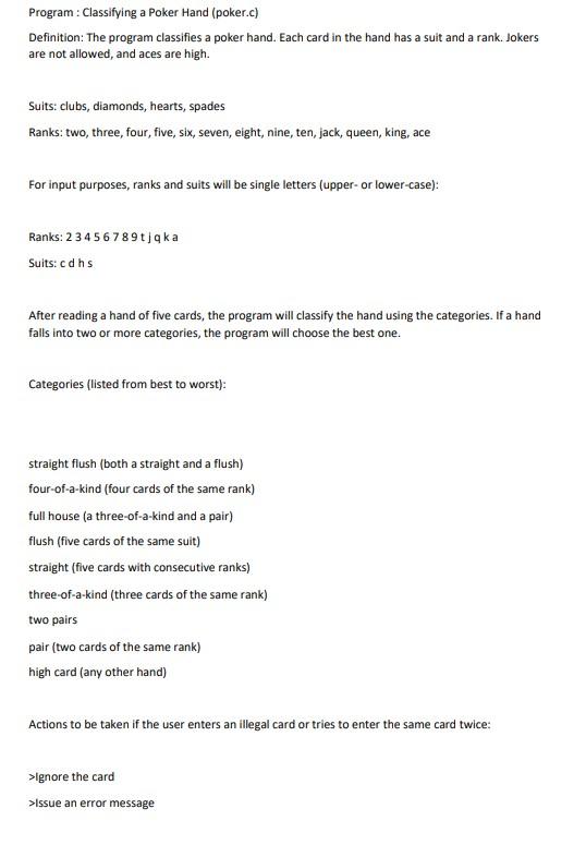 Solved Program : Classifying a Poker Hand (poker.c) | Chegg.com