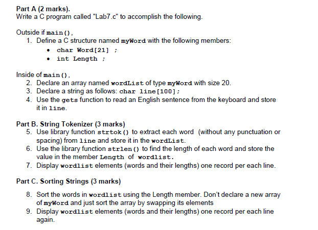 Solved Part A (2 marks). Write a C program called "Lab7.c" | Chegg.com