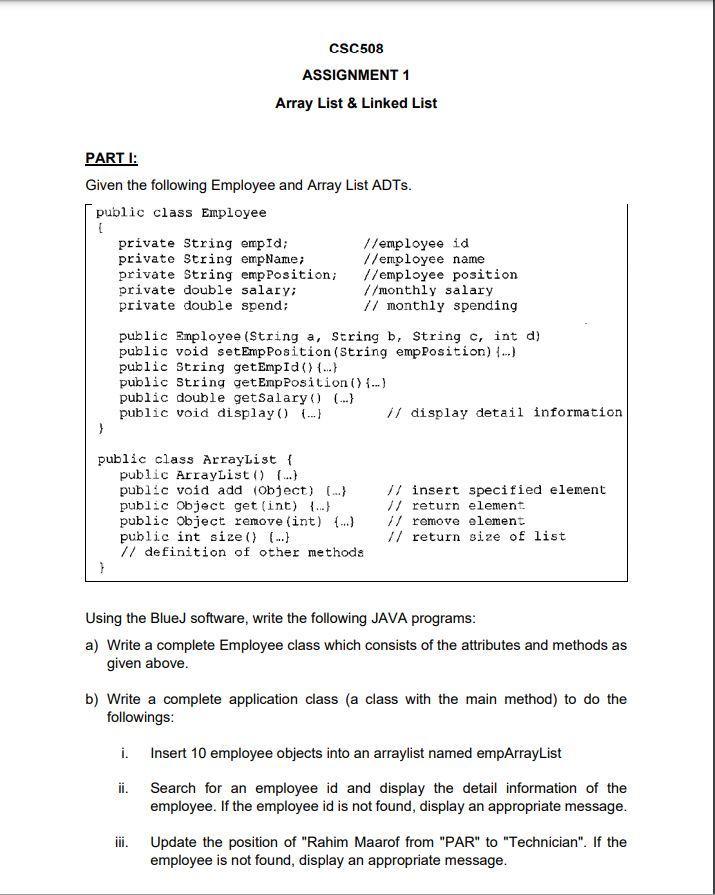 Solved CSC508 ASSIGNMENT 1 Array List & Linked List PARTI: | Chegg.com