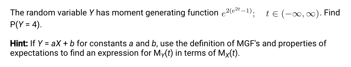 Solved The random variable Y has moment generating function | Chegg.com