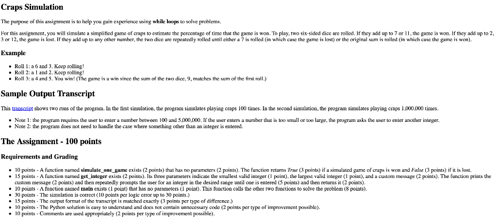 Solved Craps Simulation The purpose of this assignment is to | Chegg.com