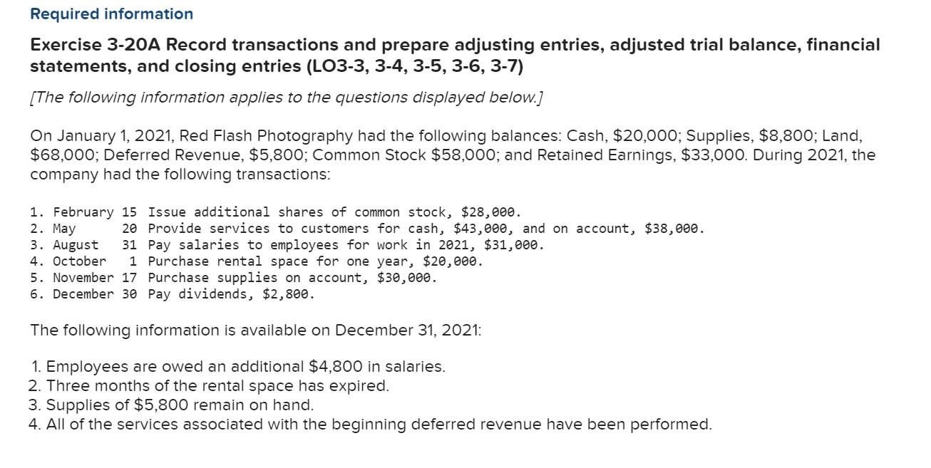 Solved Exercise 3-20A Part 1 Required: 1. Record the | Chegg.com