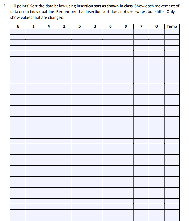 Solved (10 points) Sort the data below using insertion sort | Chegg.com Solved (10 points) Sort the data below using insertion sort | Chegg.com