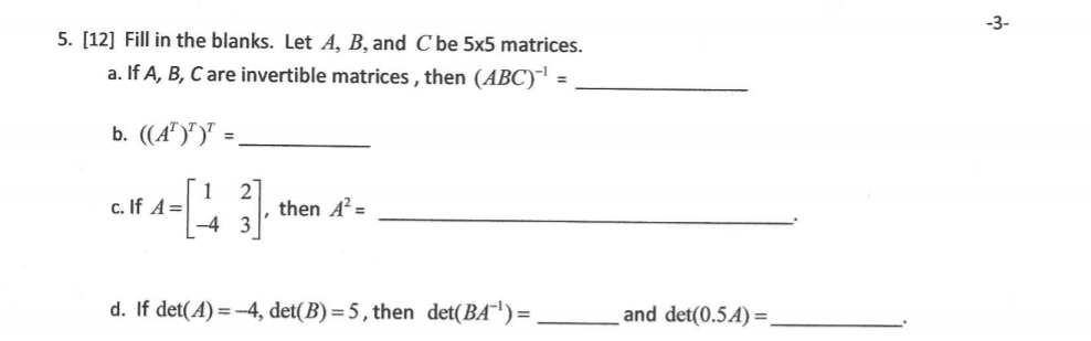 Solved -3- 5. [12] Fill in the blanks. Let A, B, and C be | Chegg.com