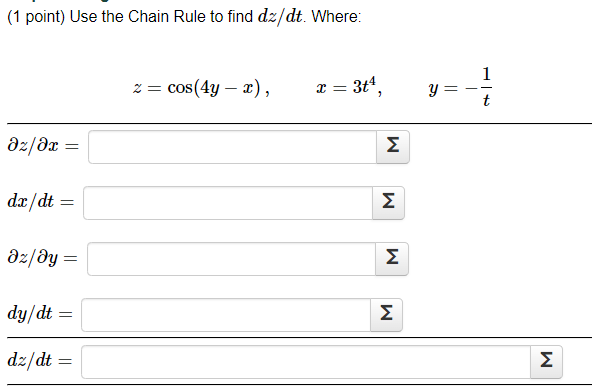 Solved (1 ﻿point) ﻿Use the Chain Rule to find dzdt. | Chegg.com