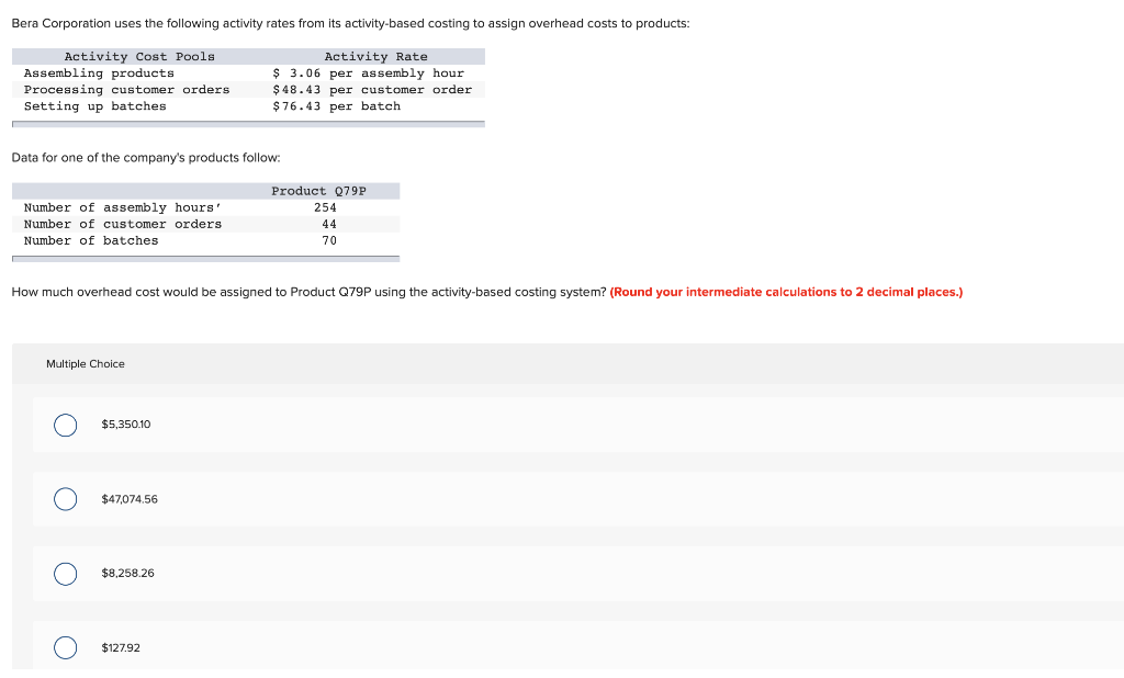 Solved Bera Corporation uses the following activity rates | Chegg.com
