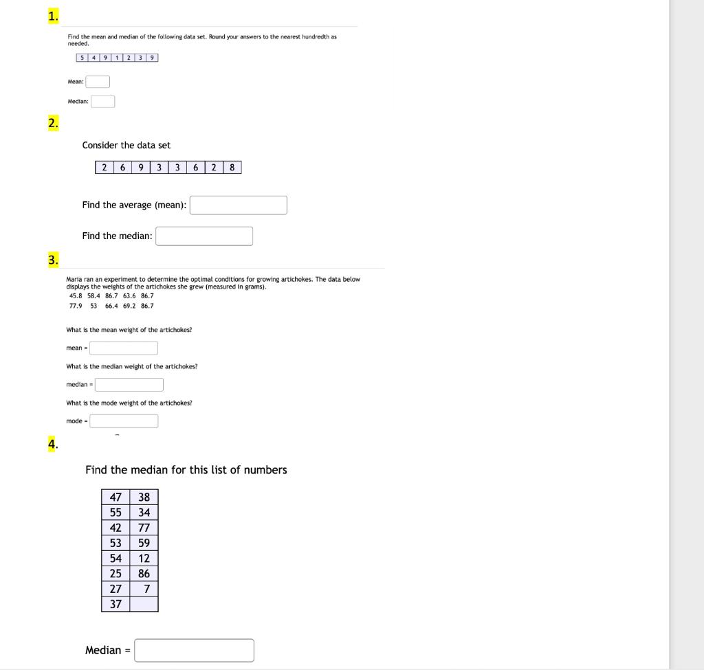Solved 1. Find the mean and median of the following data | Chegg.com