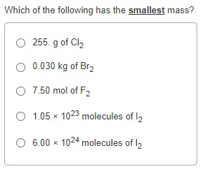 Solved Which of the following has the smallest mass? 255. g | Chegg.com