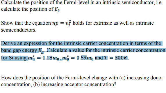 Calculate the position of the Fermi-level in an | Chegg.com