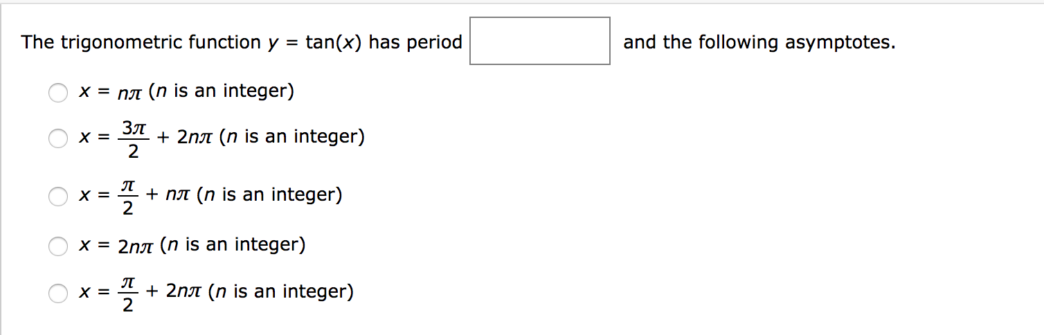 Solved The trigonometric function y = tan(x) has period and | Chegg.com