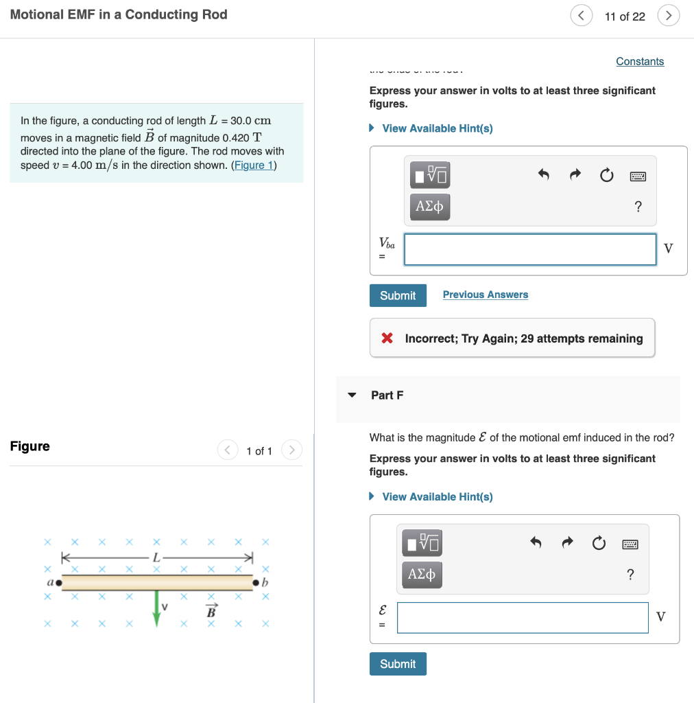 Solved Motional EMF in a Conducting Rod 11 of 22 > Constants | Chegg.com