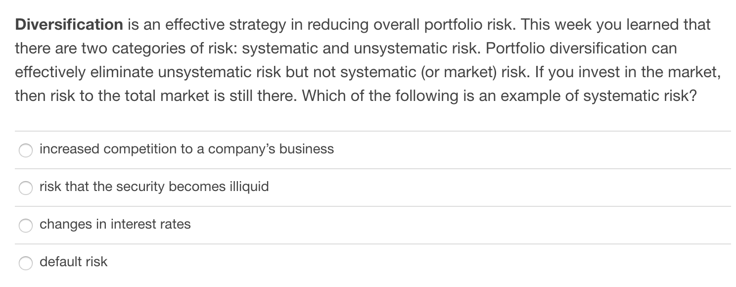 Solved Diversification is an effective strategy in reducing | Chegg.com