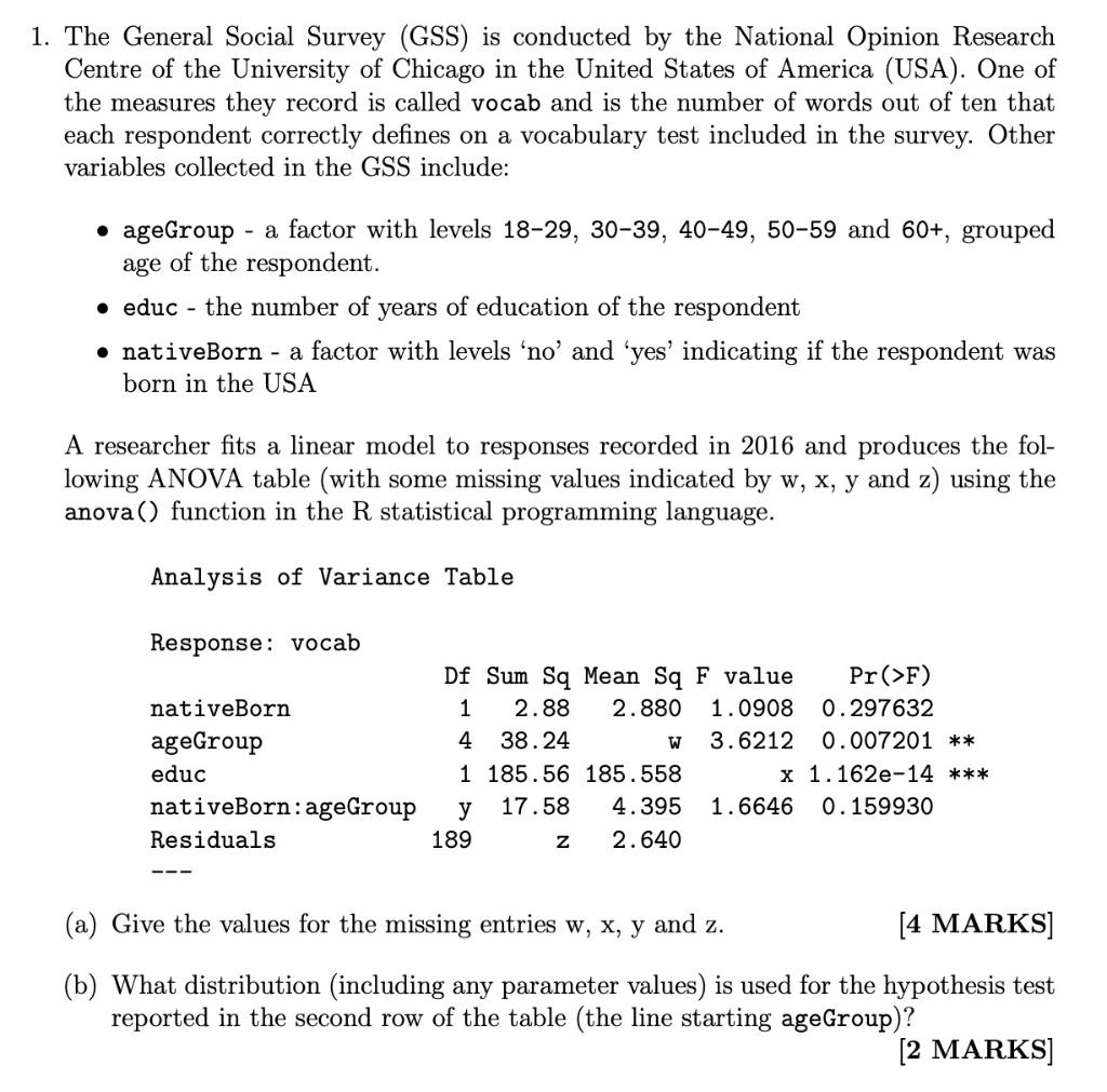 Solved 1. The General Social Survey (GSS) is conducted by | Chegg.com