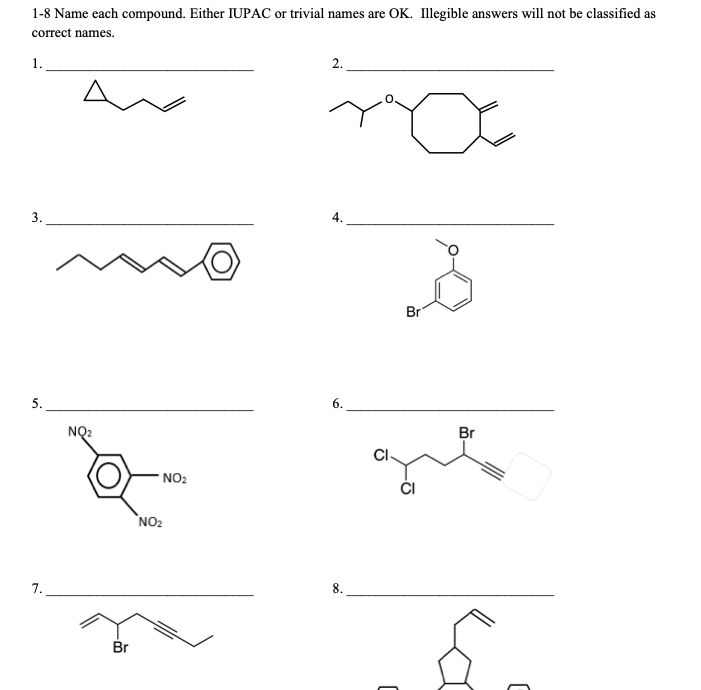 Solved 1-8 Name each compound. Either IUPAC or trivial names | Chegg.com